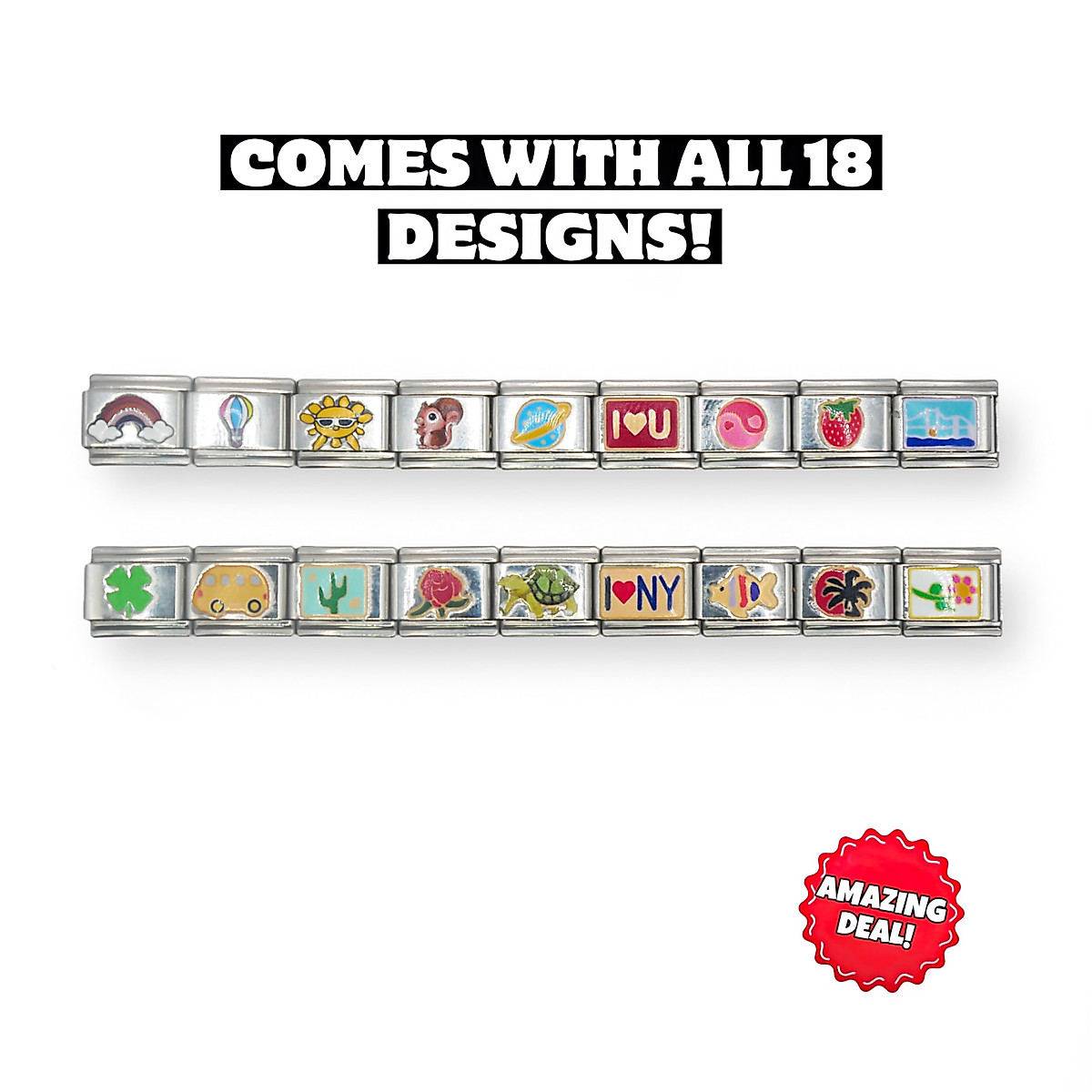 Decorated Italian Charm Bracelet, 18 charm bracelet with unique designs. 6.9 inches long, interchangeable charms