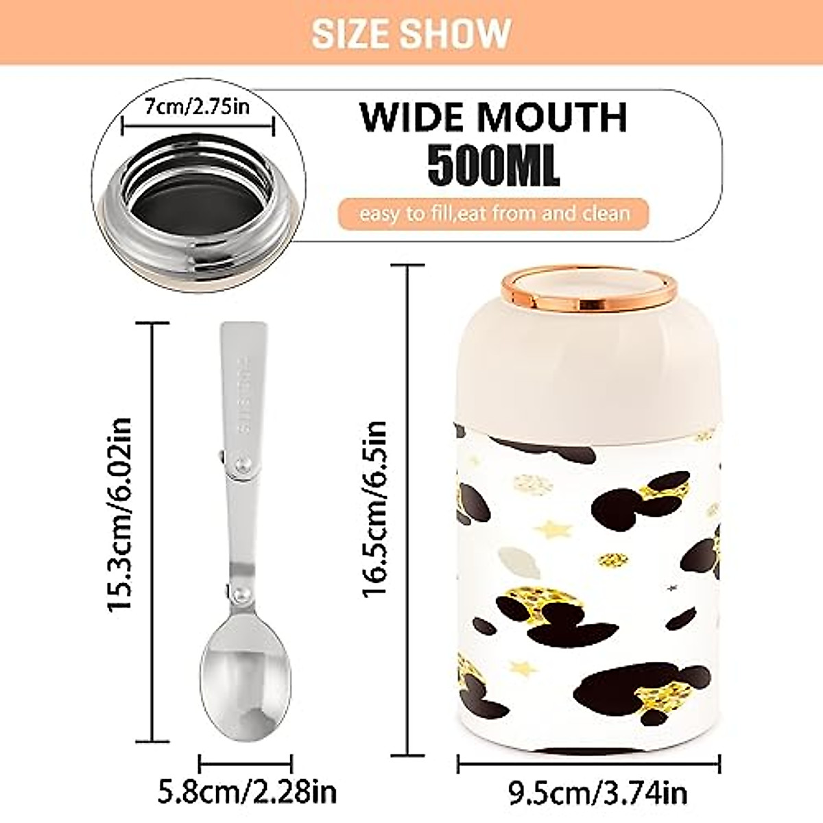 CUPADA Shining Leopard Food Jar for Hot and Cold, Bling Pattern Insulated Food Jars Vacuum 17OZ with Folding Spoon for Work Trip Picnic Camping