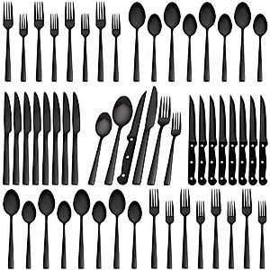 48 Pieces Black Silverware Set with Steak Knives, CEKEE Stainless Steel silverware set for 8, Black Flatware Cutlery Kitchen Utensils Set, Spoons and Forks Set, Mirror Polished & Heavy Duty