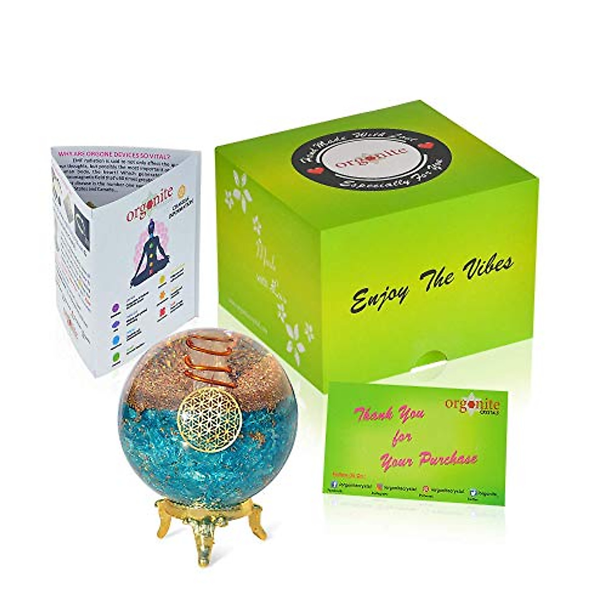 Orgonite Crystal Blue Aquamarine Crystal Ball with Stand for Positive Energy, E-emission Protection and Chakra Balancing –with Flower of Life Symbol to Promote Purpose, Serenity and Courage