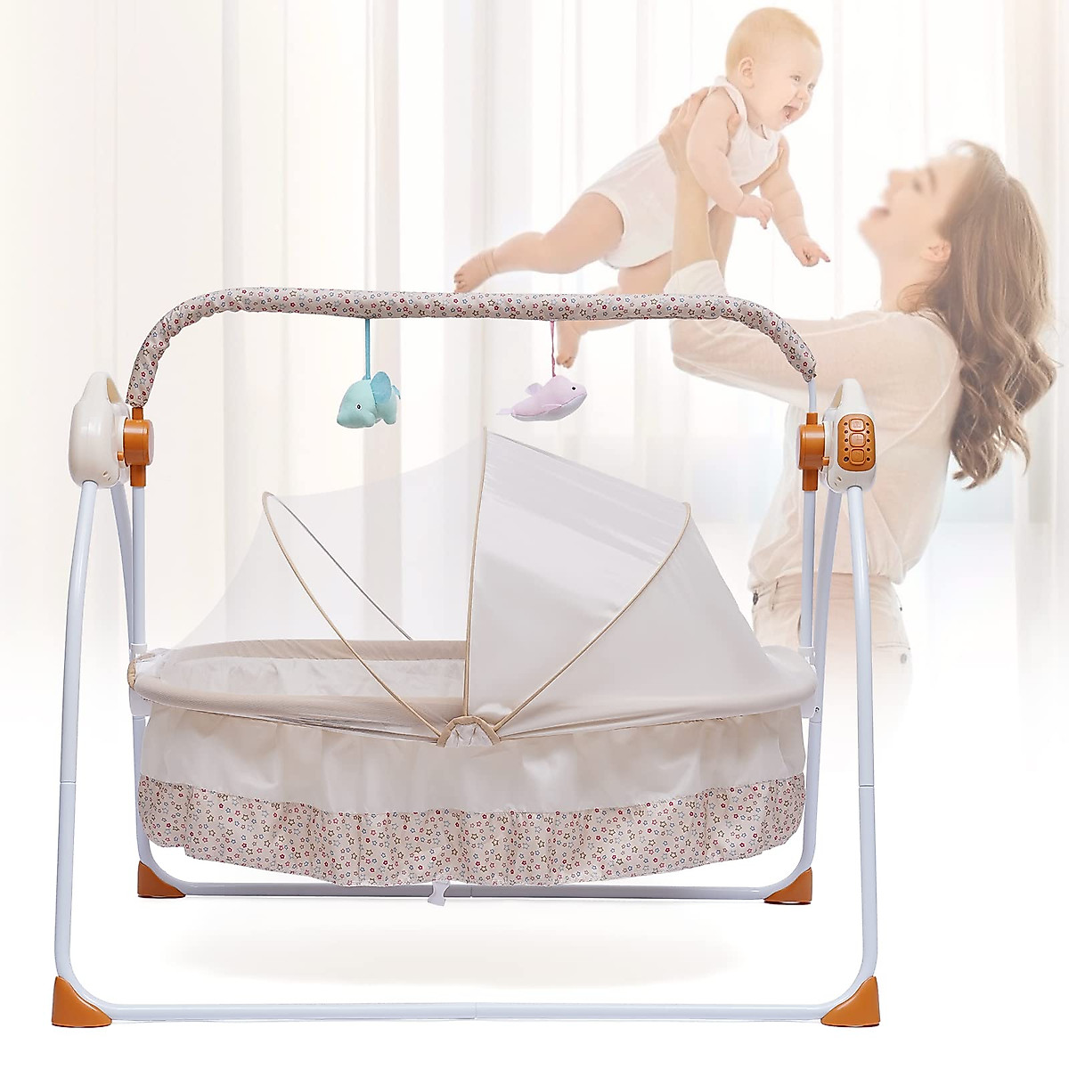LOYALHEARTDY Baby Cradle Swing 5 Speed Electric Stand Crib Auto Rocking Chair Bed with Remote Control Infant Musical Sleeping Basket for 0-18 Months Newborn Babies, Mosquito Net+Mat+Pillow (Khaki)