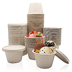 Goiio 100 Pcs 4 Oz Bagasse Fiber Condiment Cups with Lids, Compostable Portion Cups, Disposable Souffle, for Snack Dressing Food Storage