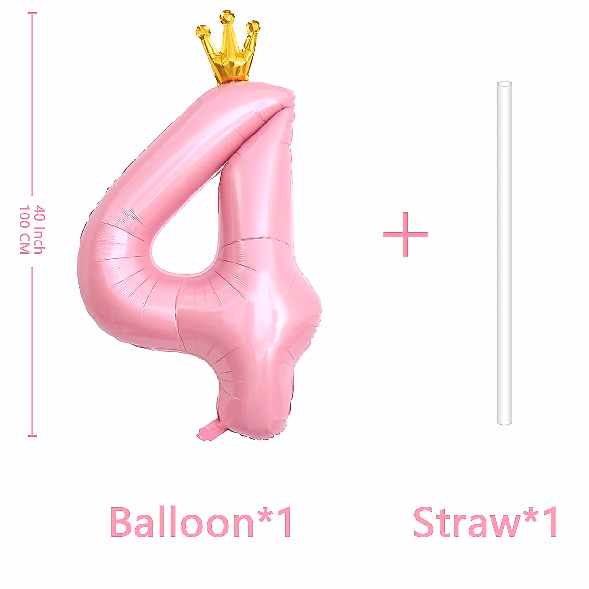 40 Inch Crown Pink Number 4 Balloon, Big Conjoined Baby Pink Foil Mylar Helium 4 Balloon | Girls 4th Birthday Party Balloon Pink Princess Theme Birthday Party Decorations Supplies Favors
