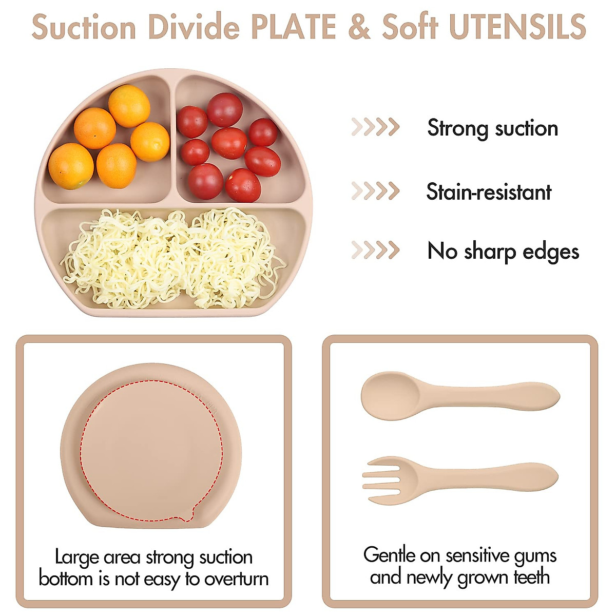 Baby Led Weaning Supplies - Kirpi Baby Feeding Set - Silicone Suction Bowls, Divided Plates, Sippy and Snack Cup - Toddler Self Feeding Eating Utensils Set with Bibs, Spoons, Fork - 6 Months (Beige)