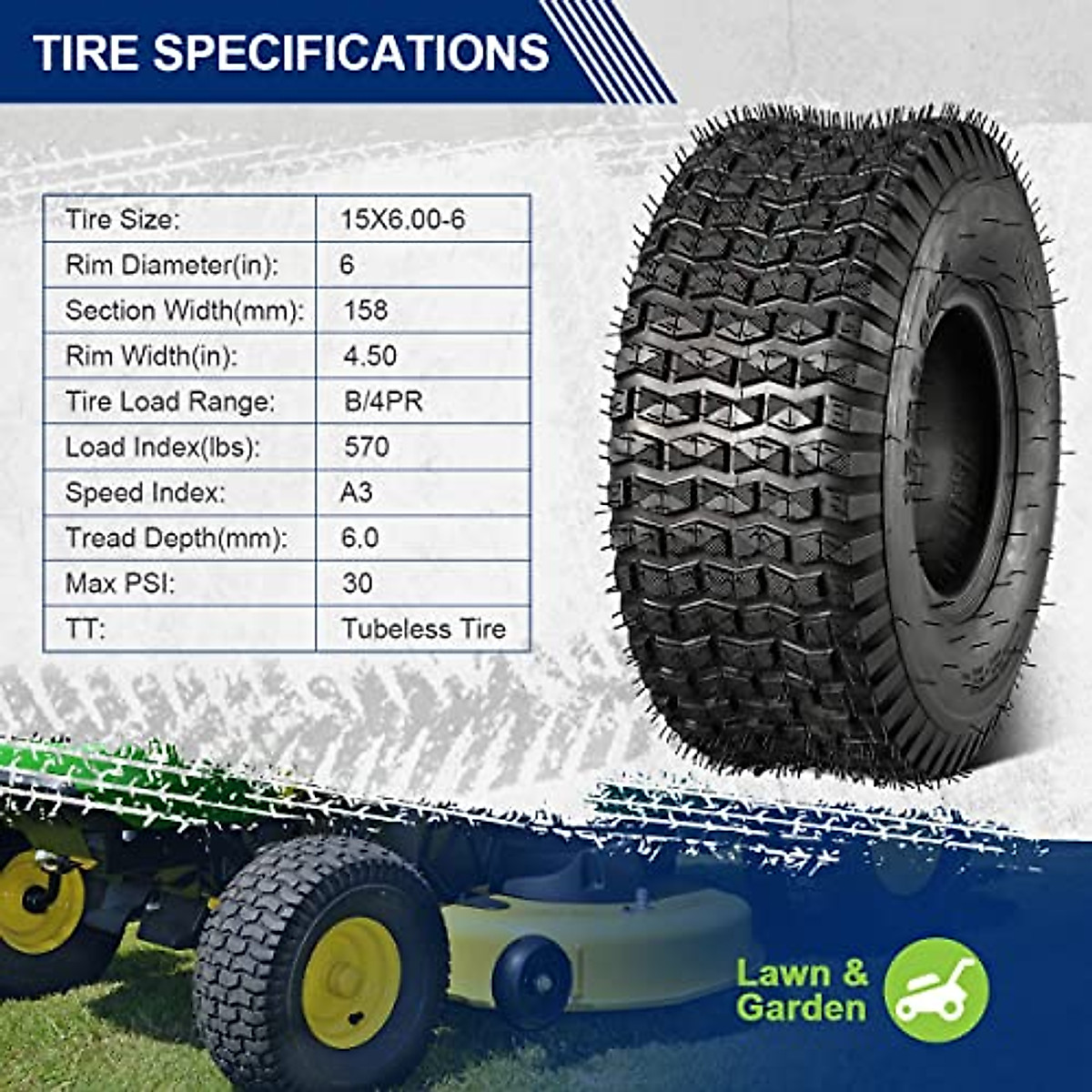 MaxAuto Lawn & Garden Tire 15X6-6 4PR Tubeless, 2Pcs