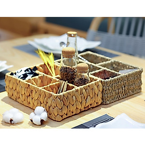 Ellinia Wicker Coffee Station Desk Coffee Pod Organizer, Divided Storage Basket Container with 5 Sections, Water Hyacinth Baskets, Tea Bag/Sugar Packet Holder, Basket for Drawer Organizing