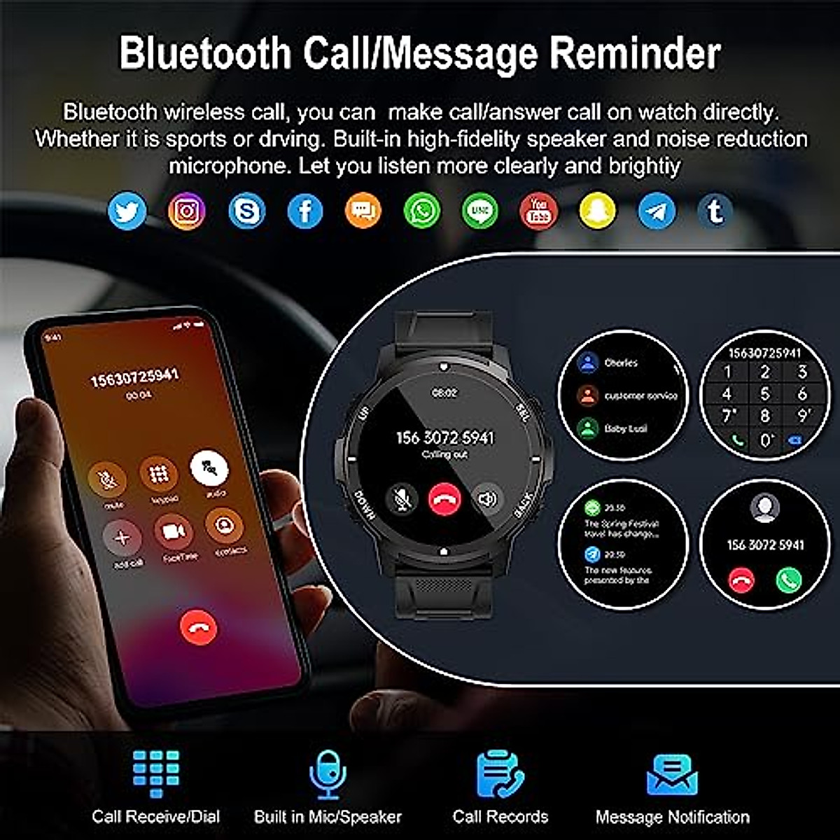 Basznrty Smart Watch for Men Fitness: (Make/Answer Call) Bluetooth Military Smartwatch for Android iPhone Phones Waterproof Outdoor Tactical Digital Sport Run Watches Tracker Sleep Heart Rate Monitor