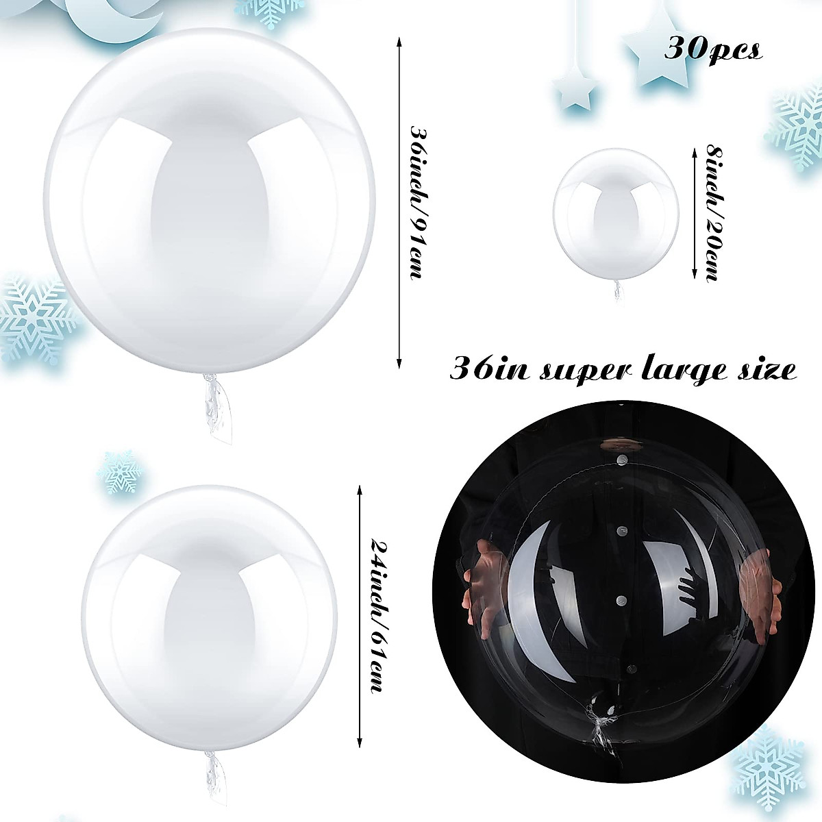 30 Pcs Clear Balloons, Pre Stretched 8 24 36 Inch Bobo Balloons Large Clear Balloons for Stuffing Transparent Latex Balloons Kids' Party Balloons for Easter, Wedding,birthday Party Decorations