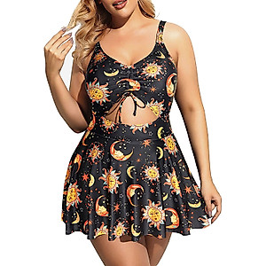 Yonique Women Plus Size One Piece Swimsuits with Skirt V Neck Swimdress Cutout Bathing Suits Sun Stars and Moon 18W