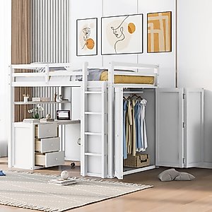 Harper & Bright Designs Full Size Loft Bed with Desk and Wardrobe, Solid Wood Loft Bed Frame with Storage Drawers, for Kids Teens Adults (Full, White)
