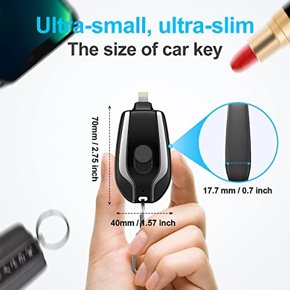 EMNT Keychain Portable Charger for iPhone,1700mAh Mini Power Emergency Pod,External Fast Charging Power Bank Battery Pack, Smaller Cell Phone Charger for iPhone 14,13,12,11,Plus,Pro,MaxXS,XR,X,8,7,6s