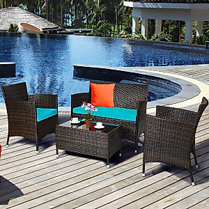 Goplus 4-Piece Rattan Patio Set, Outdoor/Indoor Wicker Conversation Set for Pool, Backyard, Lawn, Wicker Chairs and Sofa with Soft Cushion, Rattan Furniture with Tempered Glass Coffee Table