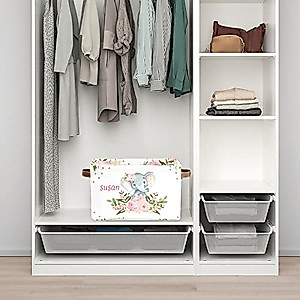 Personalized Pink Floral Elephant Storage Bin with Name Waterproof Canvas Organizer Bin with Handles for Gift Baskets Book Bag (1 Pack)