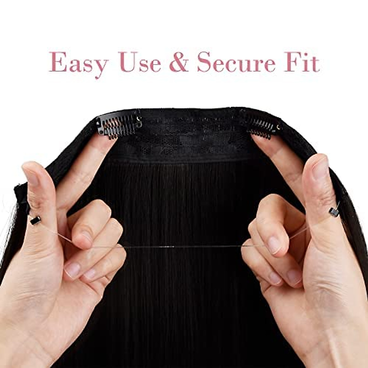 REECHO Invisible Wire Hair Extensions with Transparent Headband Adjustable Size Removable Secure Clips in Curly Wavy Secret Hairpiece for Women 20 Inch - Dark Chocolate Brown with Golden blonde mixed