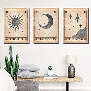 Tarot Canvas Prints Wall Art, Wiccan Art Wall Decor, Astrology Wall Decor, The Sun, Moon and Star Tarot Aesthetic Bohemian Wall Art, Celestial Canvas Prints, Mystical Home Decor, Astrology Posters Framed Ready to Hang
