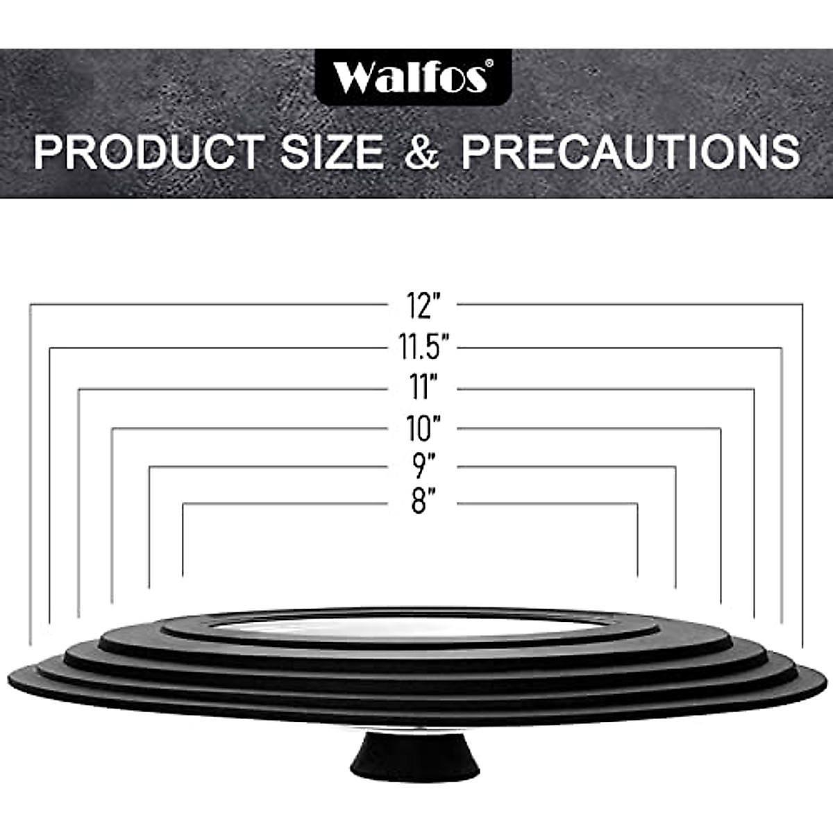 Walfos Universal Pan Lid - Pot Lid for Pots, Pans and Skillets, with Unique Enlarged Heat Resistant Silicone Rim and Tempered Glass, Fits 8" to 12" Diameter Cookware, BPA Free (1 Piece)