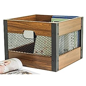 CRAZYWOOD Vinyl Record Storage Case, Wooden LP Record Storage Case, Magazine and Newspaper Storage Basket 13.6"(L)*14.3"(W)*10.6"(H) Inches Wooden Storage Basket