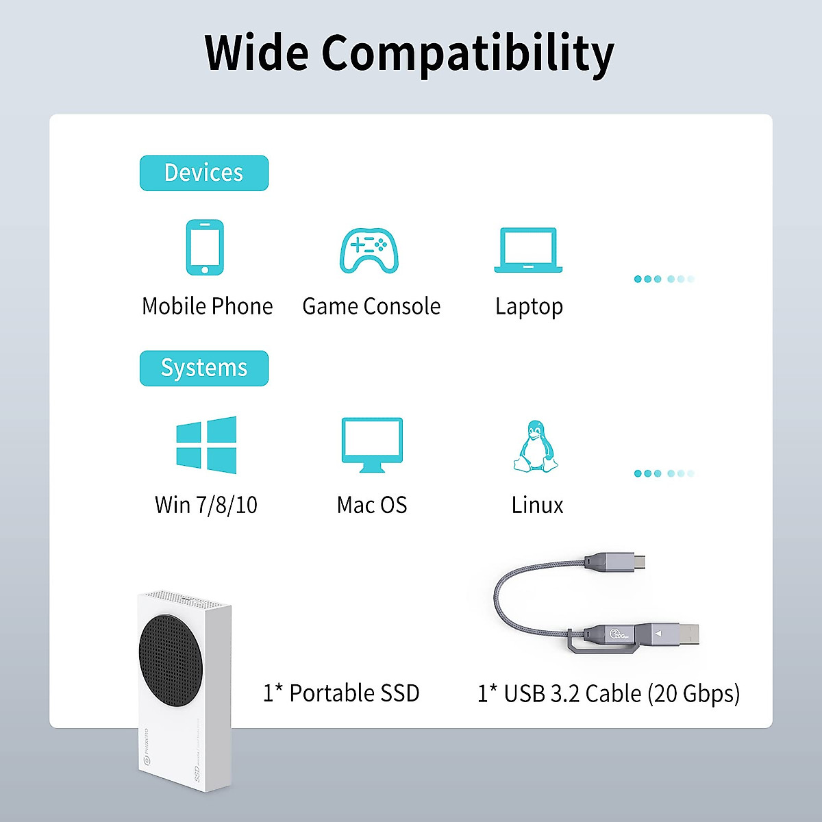 PHIXERO 512GB External SSD, Up to 2060 MB/s, USB 3.2 Gen2×2, Portable Solid State Drives, High-Speed Transmission, Reliable Data Storage for Students, Professionals, Compatible for Xbox, Laptop, TV