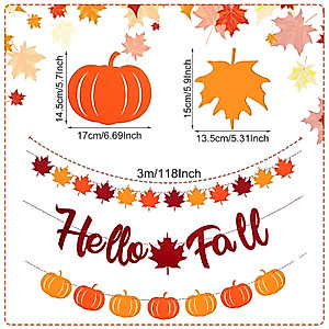 3 Pcs Hello Fall Banners Thanksgiving Fall Decoration Autumn Pumpkins Maple Leaves Garlands Mantel Bunting Harvest Banners for Fireplace Outdoors Indoors Party Hanging Celebrations Decorations (Fall)