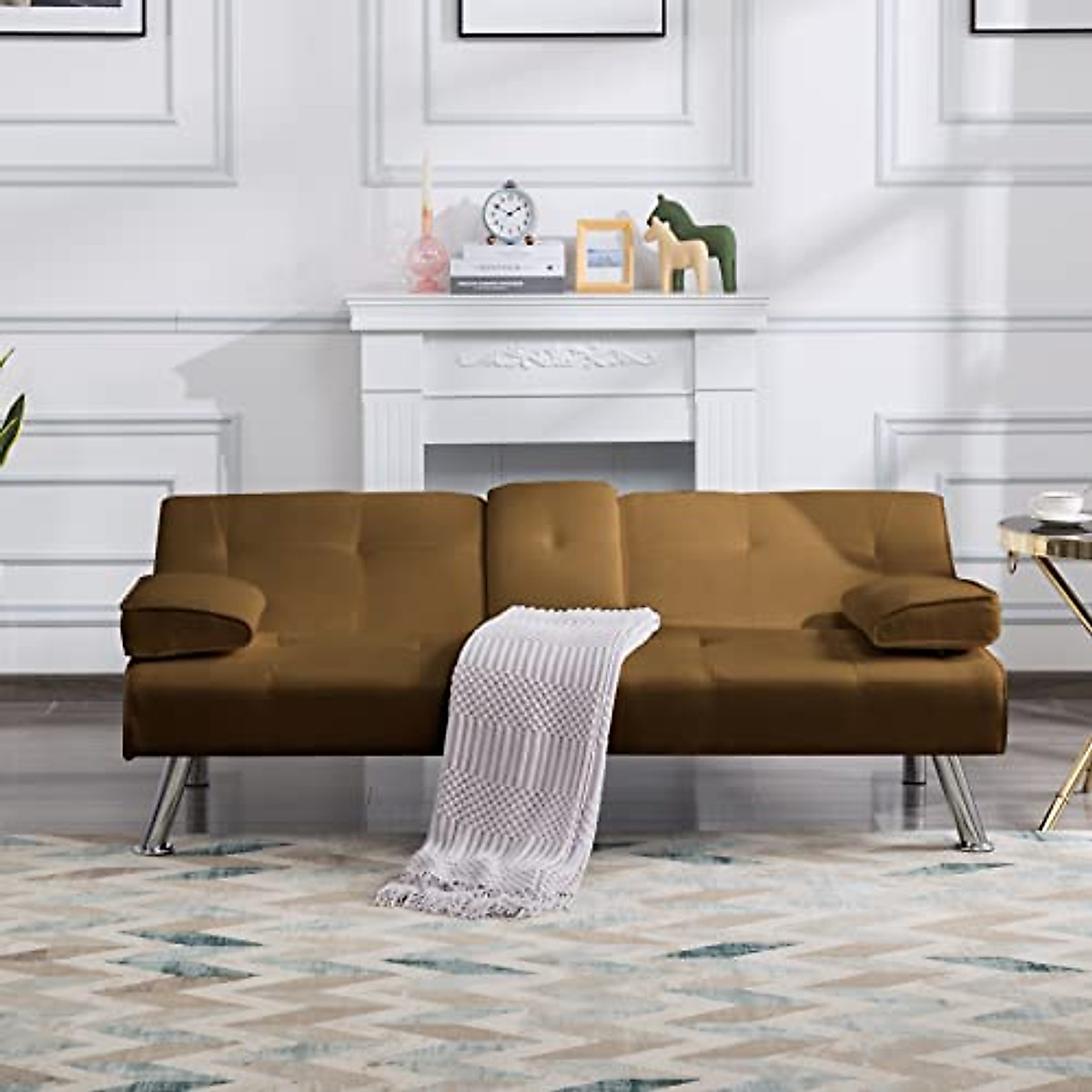 YUNLife&Home Upholstery Futon Sofa Loveseat Convertible Sleeper Couch Bed Daybed,Folding Recliner Sofá with 2 Cup Holders,Removable Soft Pillow-Top Armrest,3 Angles,Easy to Assemble for Living Room