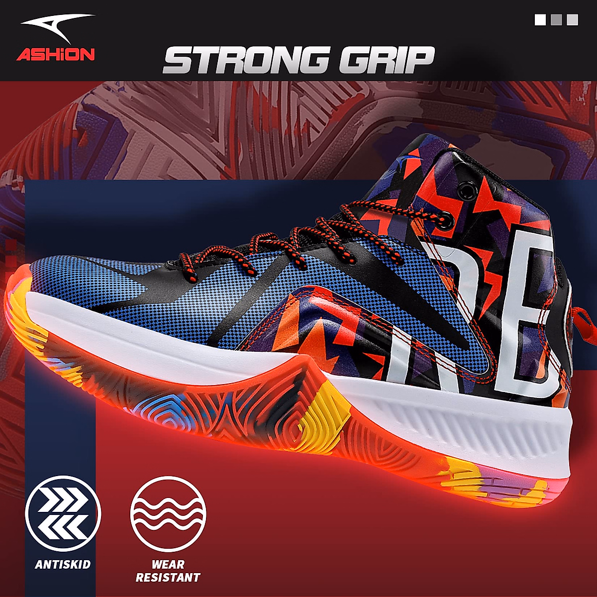 ASHION Kids Basketball Shoes Boys Girls High Top Sneakers Non Slip Running Shoes for Unisex Kids Camo Blue Red Big Kid Size 6.5