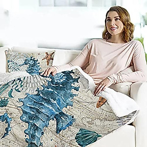Sea Horse Sherpa Throw Blankets Winter Bed Blanket Decorative Sofa Sea Nautical Theme Decorations Gift Blanket 50x60 Inch with 2 Pillowcase for Sea Horse Lovers Animal Lovers
