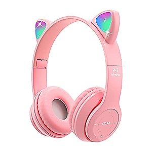 Wireless Cat Ear Headphone, Kids Headphones with Mic&LED Light Up Cat, 85dB Safe Volume Limited, Foldable Kitty Headpones for Online Learning, School, Travel, Tablet, Smartphone - Support 3.5mm Audio