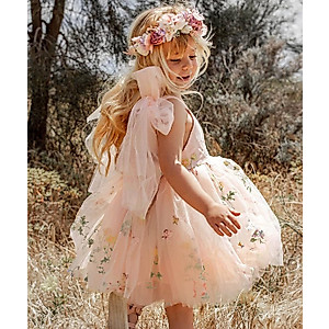JISISANG Flower Girl Dresses for Wedding Toddler Short Floral Embroidered Tulle Bow-Knot Pageant Princess Boho Summer Swing Dress for Girls Kids Peach Pink 2