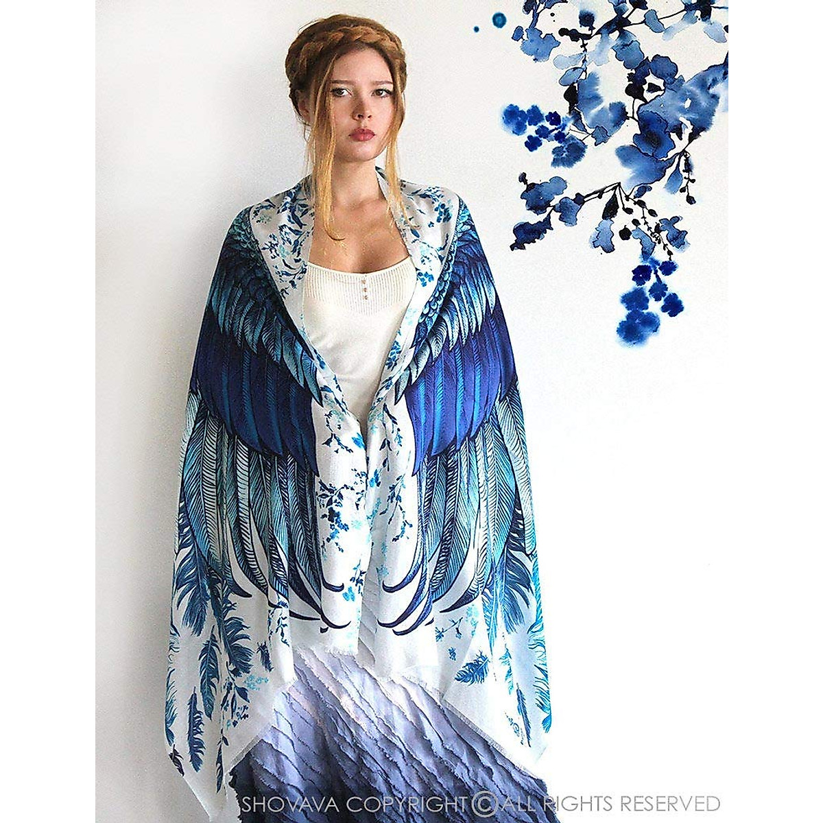Pure Silk Wearable Artistic Hand Painted Bird Wing Feather Scarf (Blue Wings)