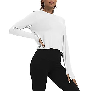 Bestisun Women Open Back Crop Tops Long Sleeve Workout Athletic Gym Cropped Dance Shirt Active Wear Yoga Tops Athletic Hiking Sport Clothes White L