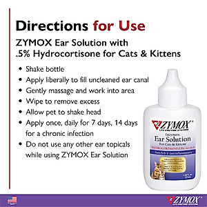 Zymox Enzymatic Ear Solution with 0.5% Hydrocortisone for Cats & Kittens, 1.25 oz. – Cleans & Refreshes Ear Canal for Relief from Ear Wax, Dirt Buildup, Itchiness, Irritation, Inflammation & Redness