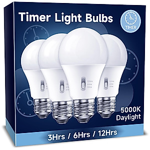 UNILAMP Timer LED Light Bulbs 4 Pack, 13W (100W Equivalent) LED Bulb, Built-in Automatic Timer, 5000K Daylight A19, Automatic On/Off, Indoor Light Timer