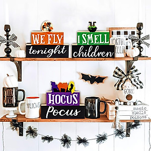 Halloween Decorations Indoor, 3 PCS Halloween Wooden Table Sign Decor, Hocus Pocus Table Centerpiece for Mantle Shelf Tiered Tray, Farmhouse I Smell Children & We Fly Tonight Halloween Wooden Signs