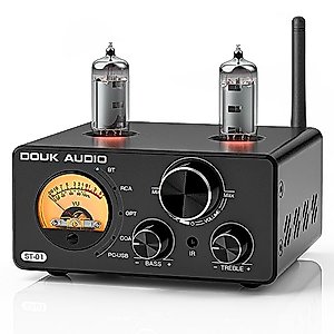 Douk Audio ST-01 200W Bluetooth Amplifier, 2 Channel Vacuum Tube Power Amp with USB DAC/Coaxial Optical Inputs/VU Meter/Treble Bass Control for Home Theater/Stereo Speakers (Upgrade Version)