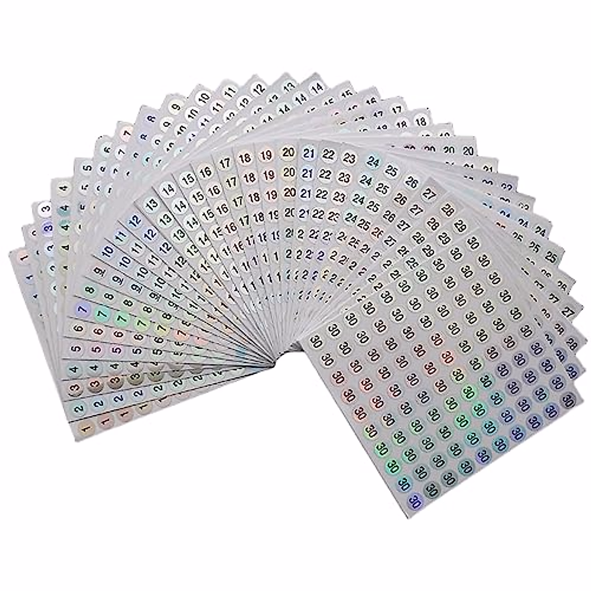 WBQMUNY 30 Sheets 1 to 30 Waterproof Reflective Laser Number Stickers,Round Self Adhesive Stickers/Inventory/Storage Organizing Stickers