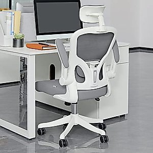 HOFFREE Ergonomic Office Chair High Back Executive Mesh Desk Chair with Adjustable Lumbar Support Headrest and Flip-up Armrest Swivel Task Chair for Home Office Chair Grey and White