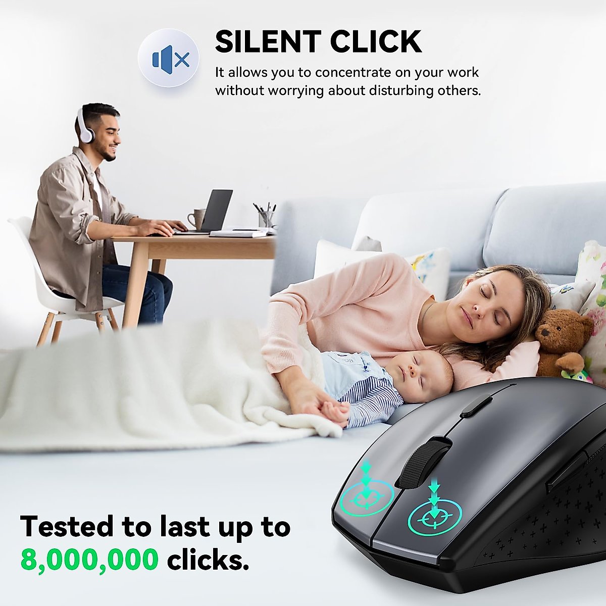 TECKNET Wireless Mouse, 2.4G USB Computer Mouse with 6-Level Adjustable 4800 DPI, 30 Months Battery, Ergonomic Grips, 6 Buttons Portable for PC, Chromebook, Mac - Grey