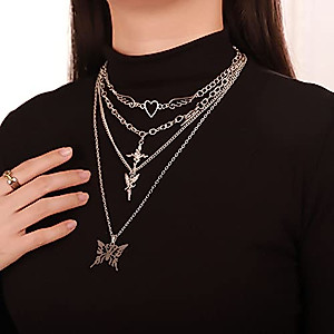 Chargances Punk Layered Butterfly and Heart Pendant Necklace Dainty Rose Flower Long Choker Silver Wing Collar Jewerly for Women and Girls