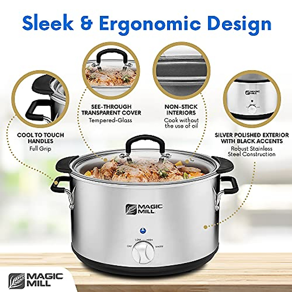 Magic Mill Extra-Large 10 Quart Slow Cooker With Metal Searing Pot & Transparent Tempered Glass Lid Multipurpose Lightweight Slow Cookers, Pot is Safe to Put the On the Flame, Dishwasher Safe