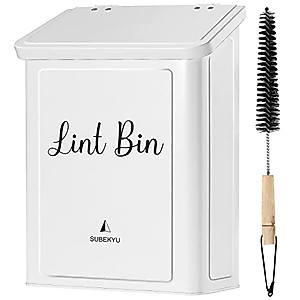 SUBEKYU Metal Magnetic Lint Bin for Laundry Room, Wall Mounted Lint Box Holder Trash Can with Lid for Dryer,Lint Basket for Laundry Room,White