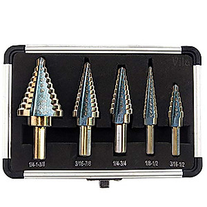 Vila 5-Pieces High Speed Steel Drill Set, Triangle-Shaped with Round Handle, Multiple Hole Sizes, Aluminum Case Included, for Laminates, Plastics, Plywood, Acrylic, Thin Metal