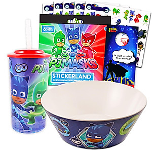PJ Masks Dinnerware Set - Bundle with PJ Masks Bowl, PJ Masks 16oz Tumbler with Lid and Straw, PJ Masks Stickers, More | PJ Masks Dinner Set for Kids, Toddlers