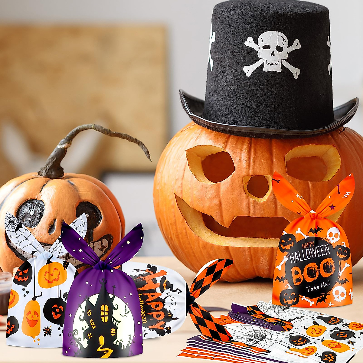 50 Pack Halloween Goodie Bags - Plastic Halloween Treat Bags, Happy Halloween Goody Bag, Trick or Treat Rabbit Ear Candy Treat Snack Cookie Gift Favor Bags for Kids Halloween Party Supplies Favors