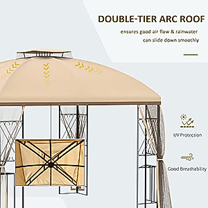 Outsunny 10' x 10' Patio Gazebo with Corner Shelves, Double Roof Outdoor Gazebo Canopy Shelter with Removable Mesh Netting, for Garden, Lawn, Backyard and Deck, Beige