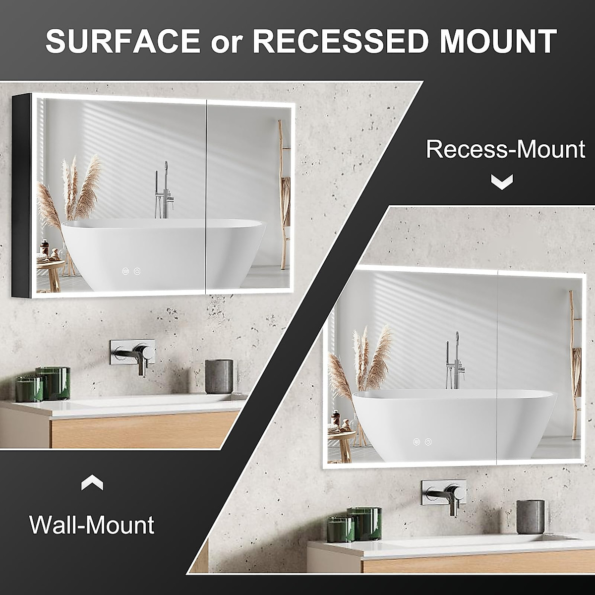 Umeiga LED Bathroom Medicine Cabinet with Light, Recessed/Surface Medicine Cabinet with Mirror 5 Storage Shelf, Defogger, Lighted Mirrored Storage Cabinet Wall Cabinet for Bathroom, Black 24x36in