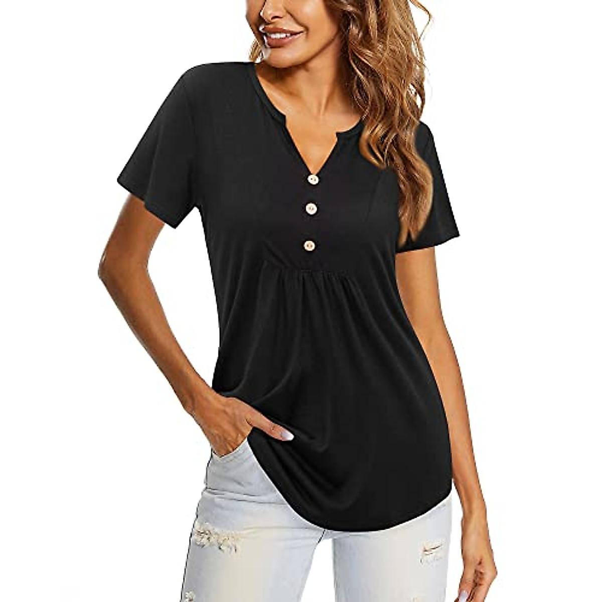LAISHEN Women's Short Sleeve Henley V Neck Shirts Button Down Tunic Tops Casual Summer Blouse(Black,L)
