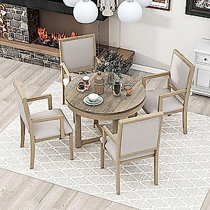 WOZNLA 5-Piece Dining Table Set - Round to Oval Extendable Butterfly Leaf Wood Table with 4 Upholstered Dining Chairs with Armrests - Ideal for Kitchen and Family Gatherings