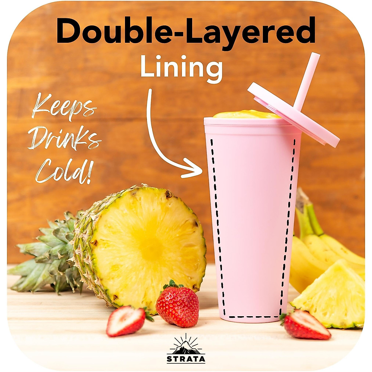 STRATA CUPS Classic Tumblers with Lids and Straws (8 pack) - 22oz Matte Pastel Colored Acrylic Tumblers with Lids and Straws, Double Wall Tumbler Bulk, Reusable Cup with Straw Cleaner (Pink)