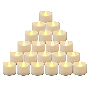24Pack Flickering Battery Operated LED Tealight Candles, Realistic Electric Fake Candle for Wedding, Table, Gift, for Table Centerpieces, Mood Lighting and Home Decor, Outdoor (Battery Included)