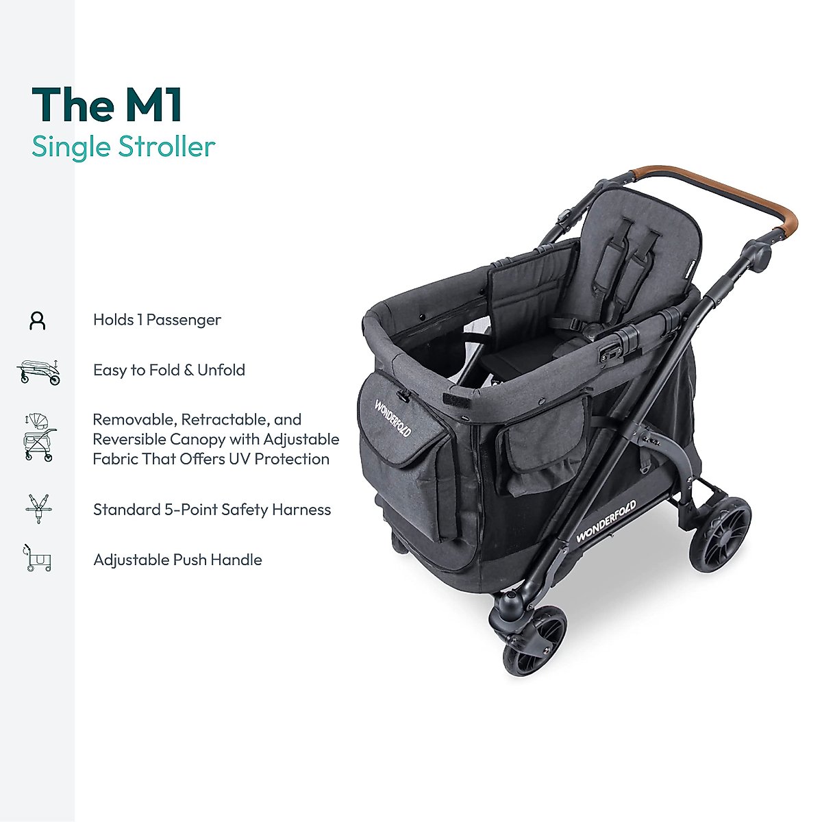 WONDERFOLD M1 Luxe Stroller Wagon (1 Seater) with Raised/Reclining/Removable Seats, Retractable/Removable Canopy, 5 Point Safety Harness, and Adjustable Push Handle - Volcanic Black